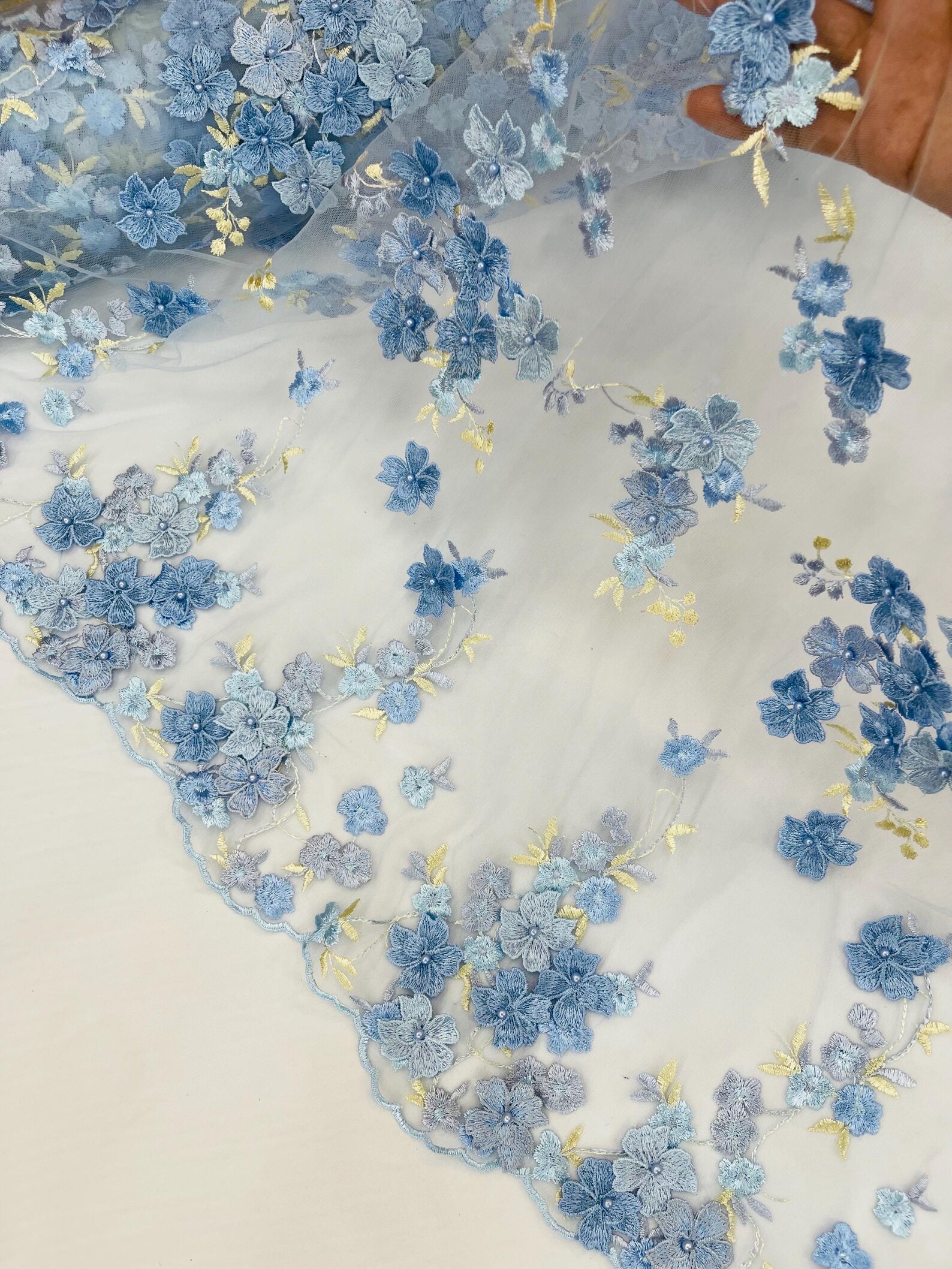 Blue 3D Floral Lace Fabric With Pearls | Embroidered Mesh, Sold by the ...