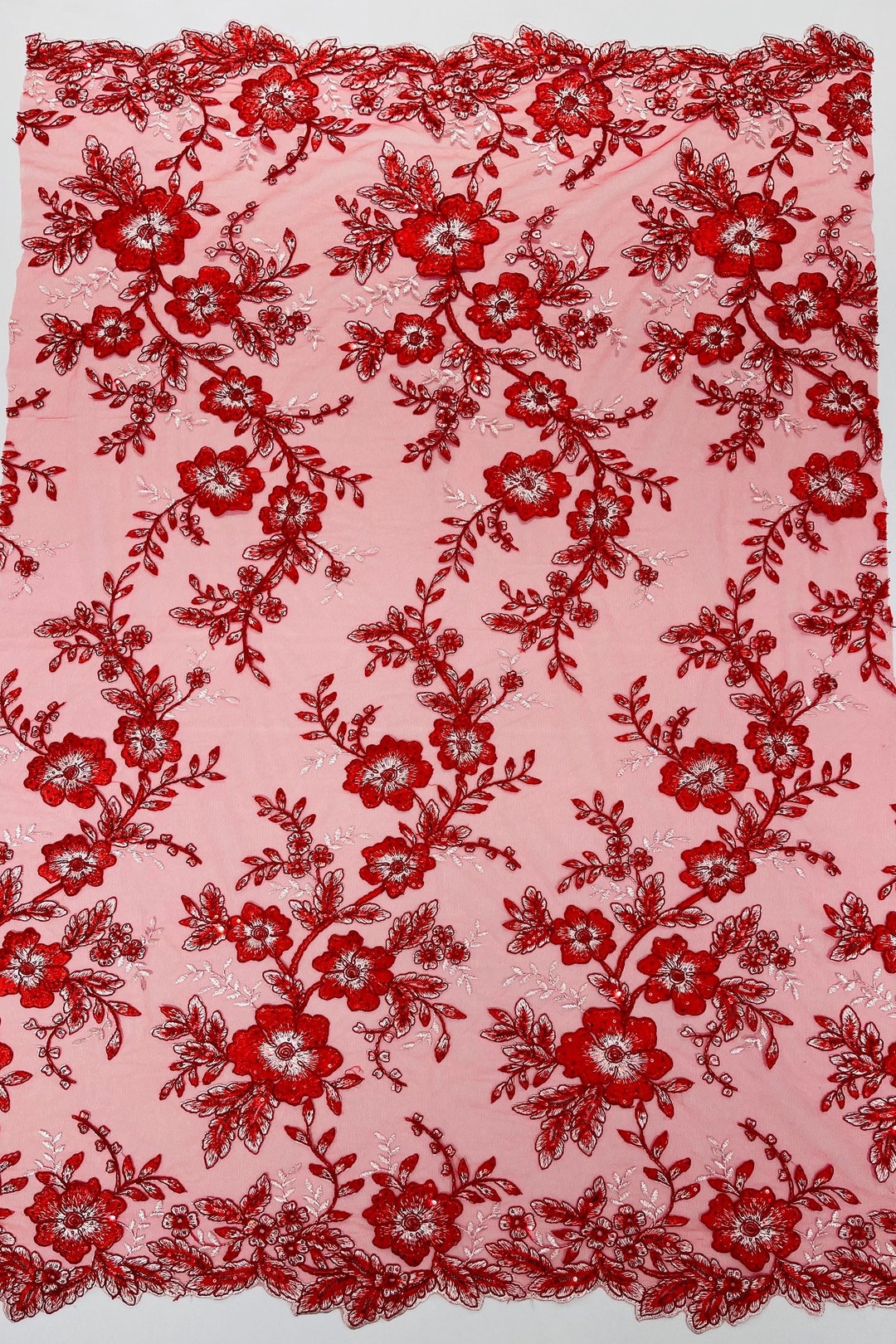 Red Flower Design Embroidered on Mesh Lace Fabric by the Yard | Floral ...