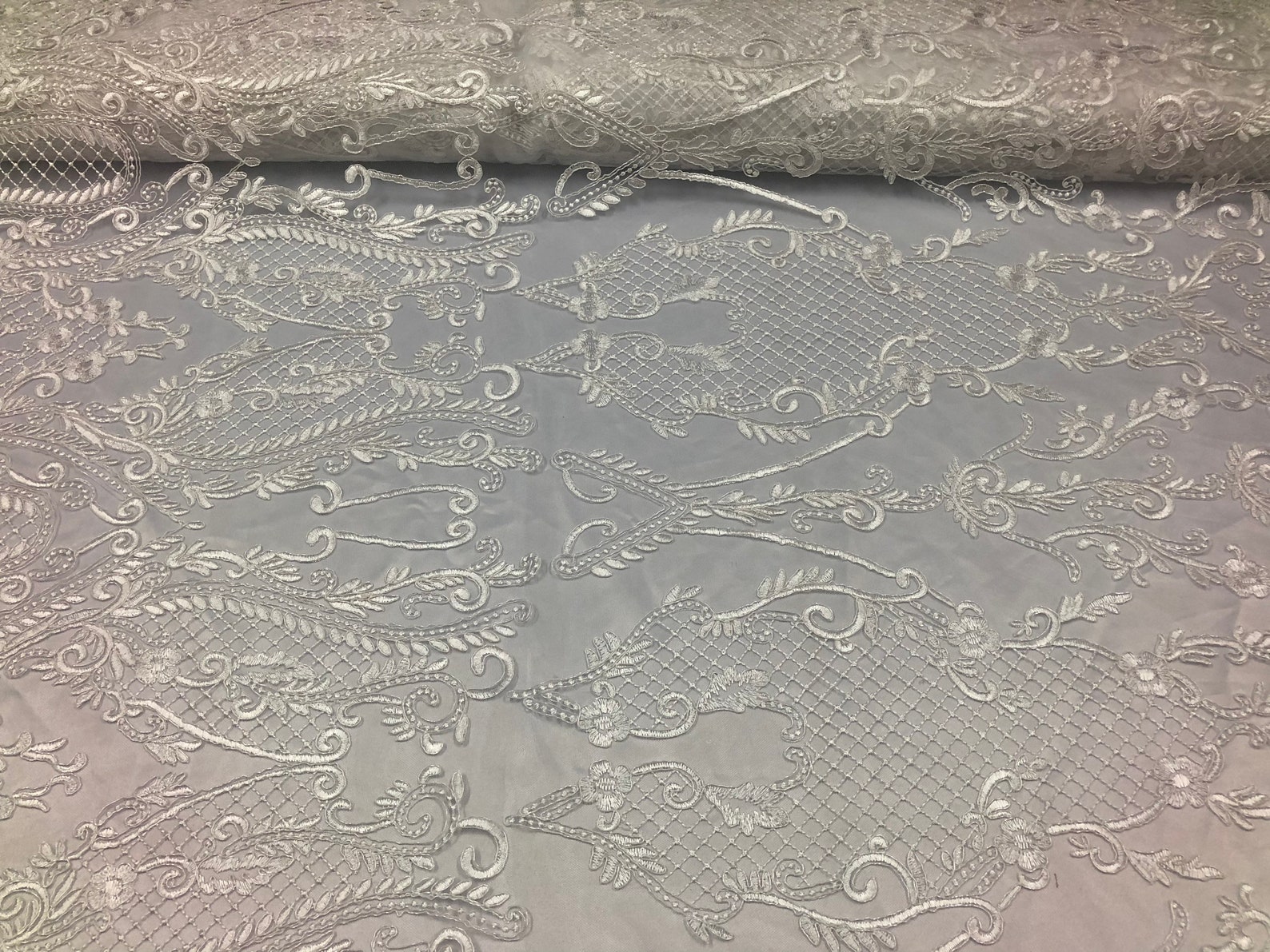 White Damask Design Embroidered on Mesh Lace Fabric Floral | Etsy