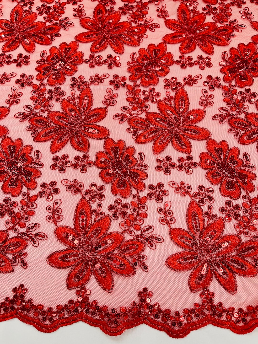 Red Hologram Metallic Corded Lace Floral by Yard With Metallic Thread ...