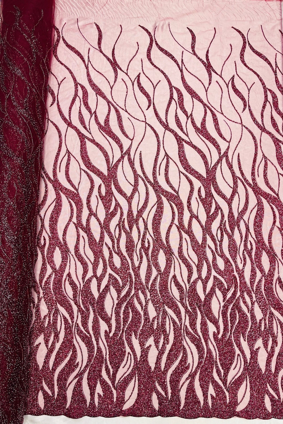 Burgundy Fire Flame Design Beaded Fabric | by the Yard | Bridal Wedding ...