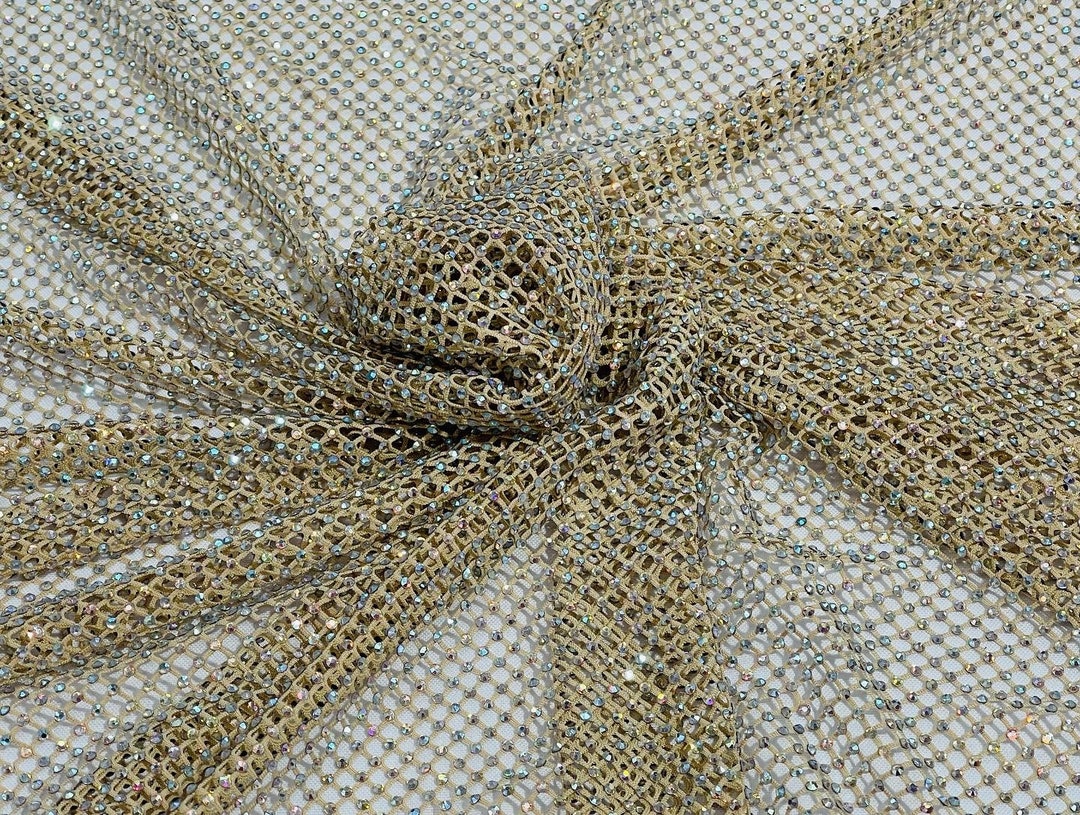 Iridescent Rhinestones Fabric on Champagne Stretch Net Fabric, Spandex ...