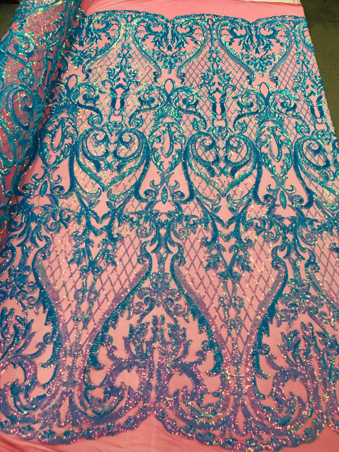 Iridescent Turquoise Sequin Fabrics on Mauve Mesh - 4 Way Stretch ...