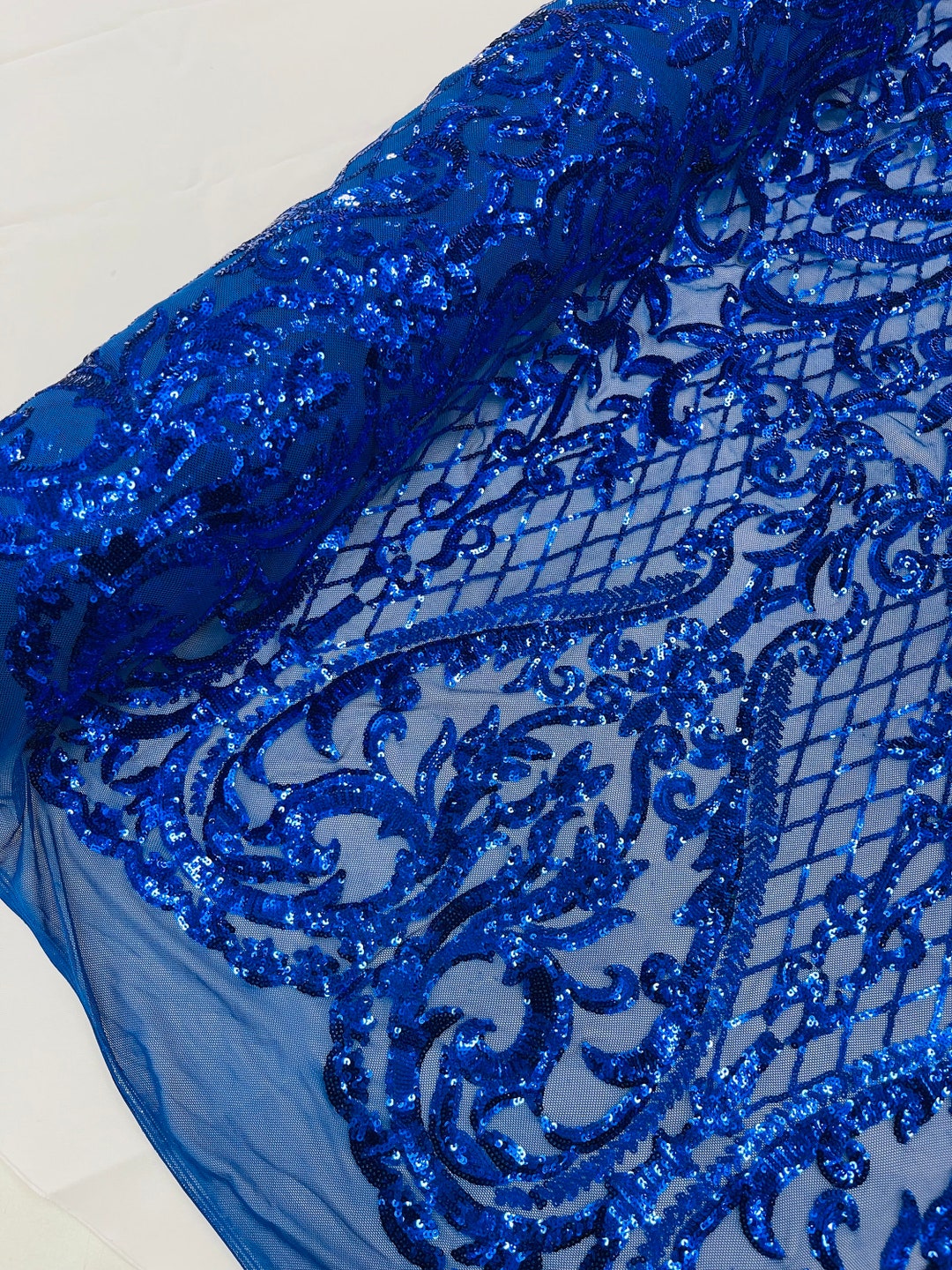 Royal Blue Sequins Fabric | 4 Way Stretch Mesh | Embroidered Damask ...