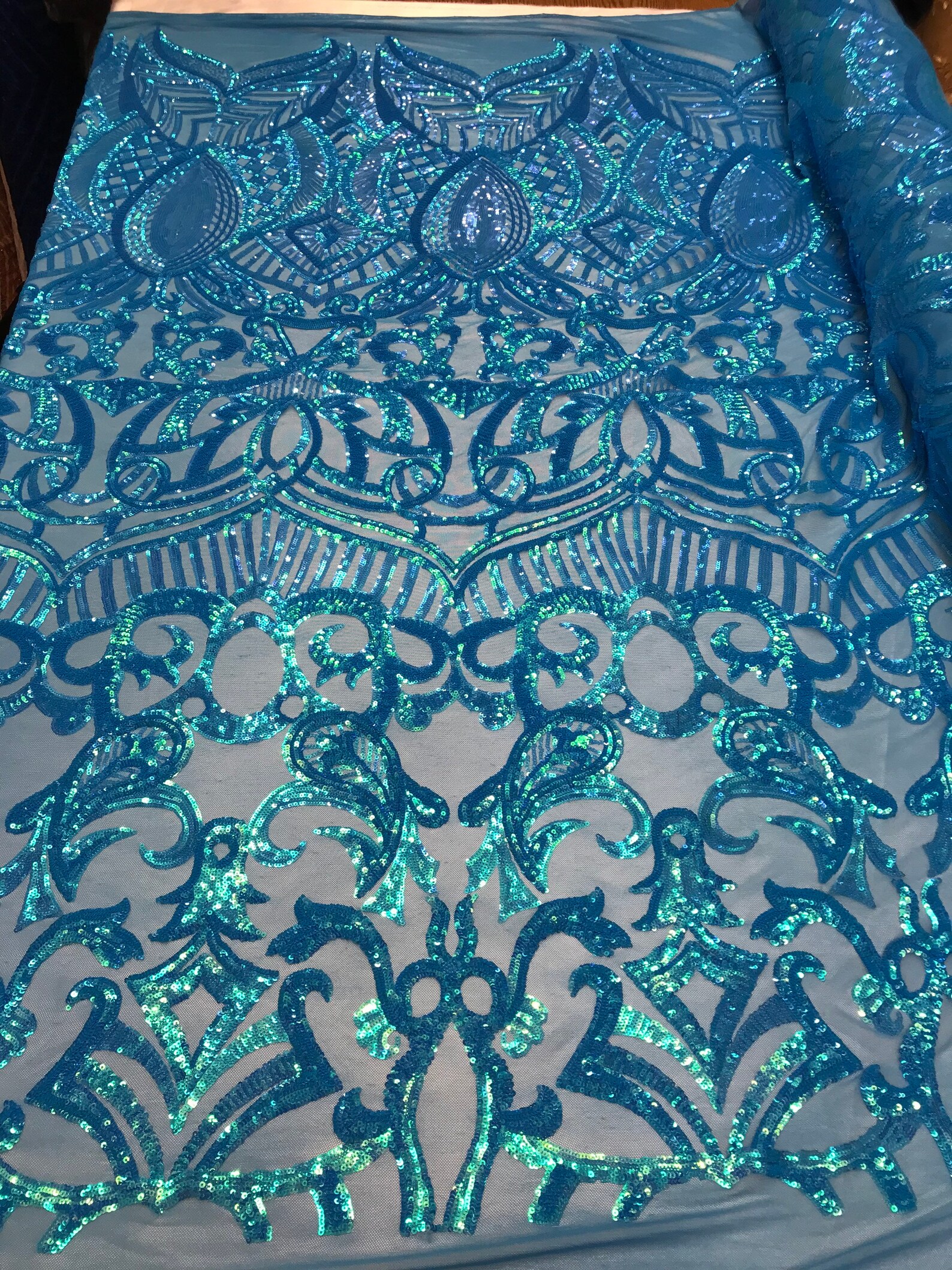 Iridescent Turquoise Sequin Fabric: Royalty Embroidered Mesh, Prom Gown ...