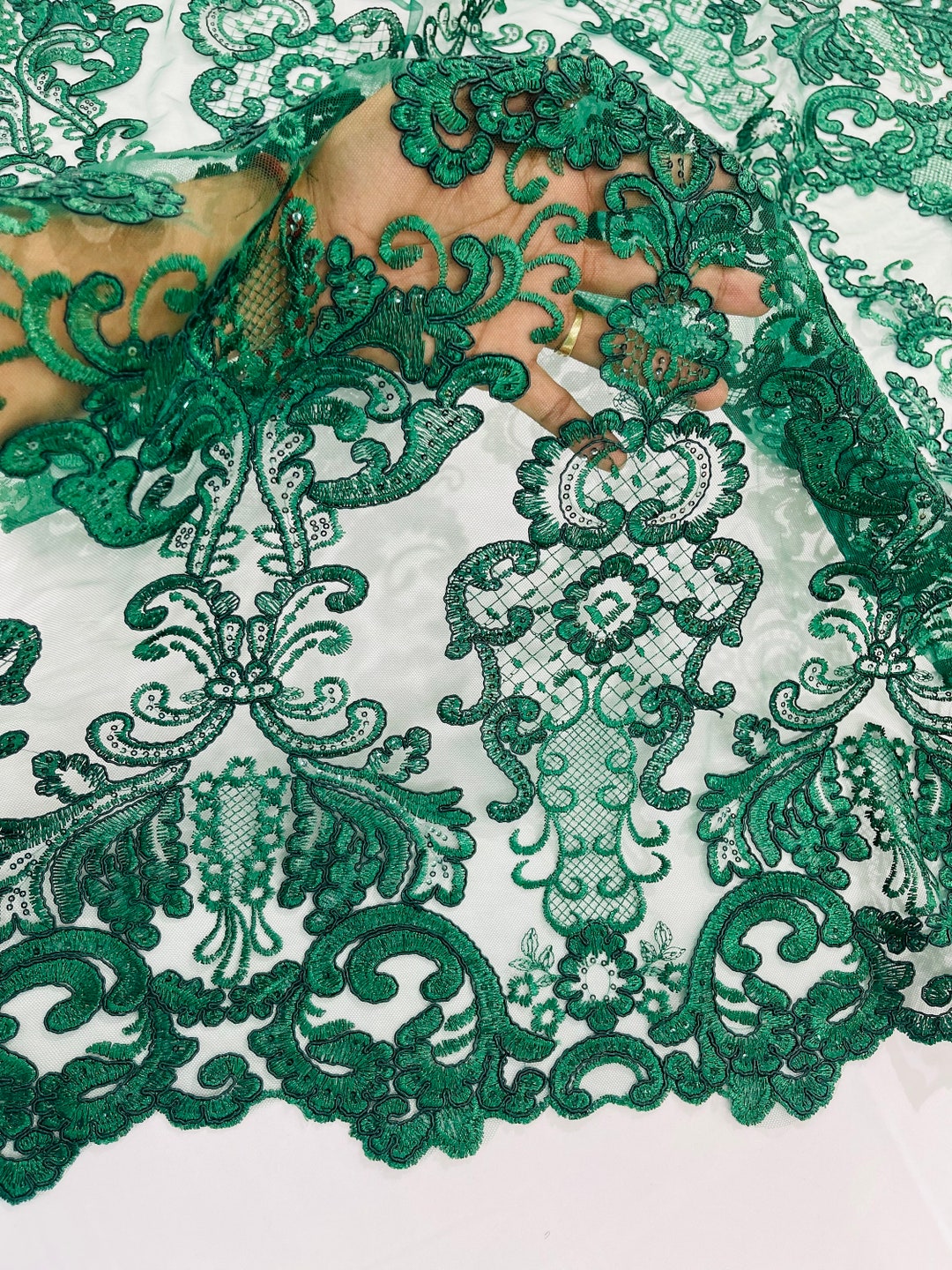 Hunter Green King Lace Fabric, Corded Flower Embroidery With Sequins on ...