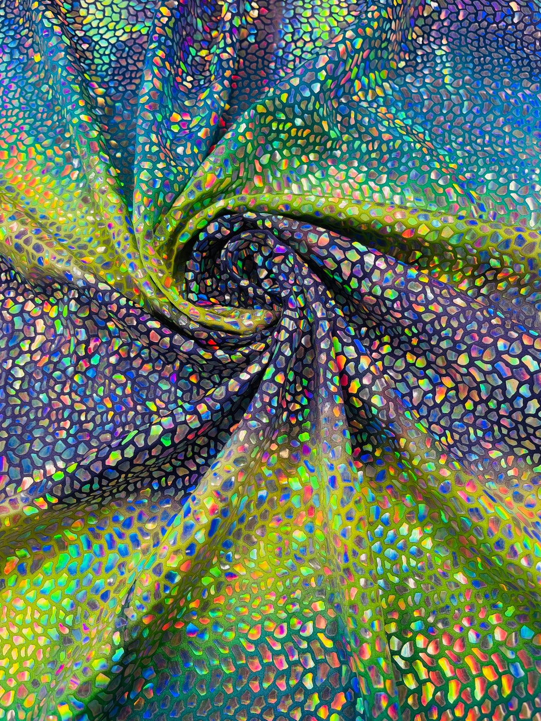Dragón Scales Iridescent Foil on Tie Dye Milliskin Nylon Spandex Fabric ...