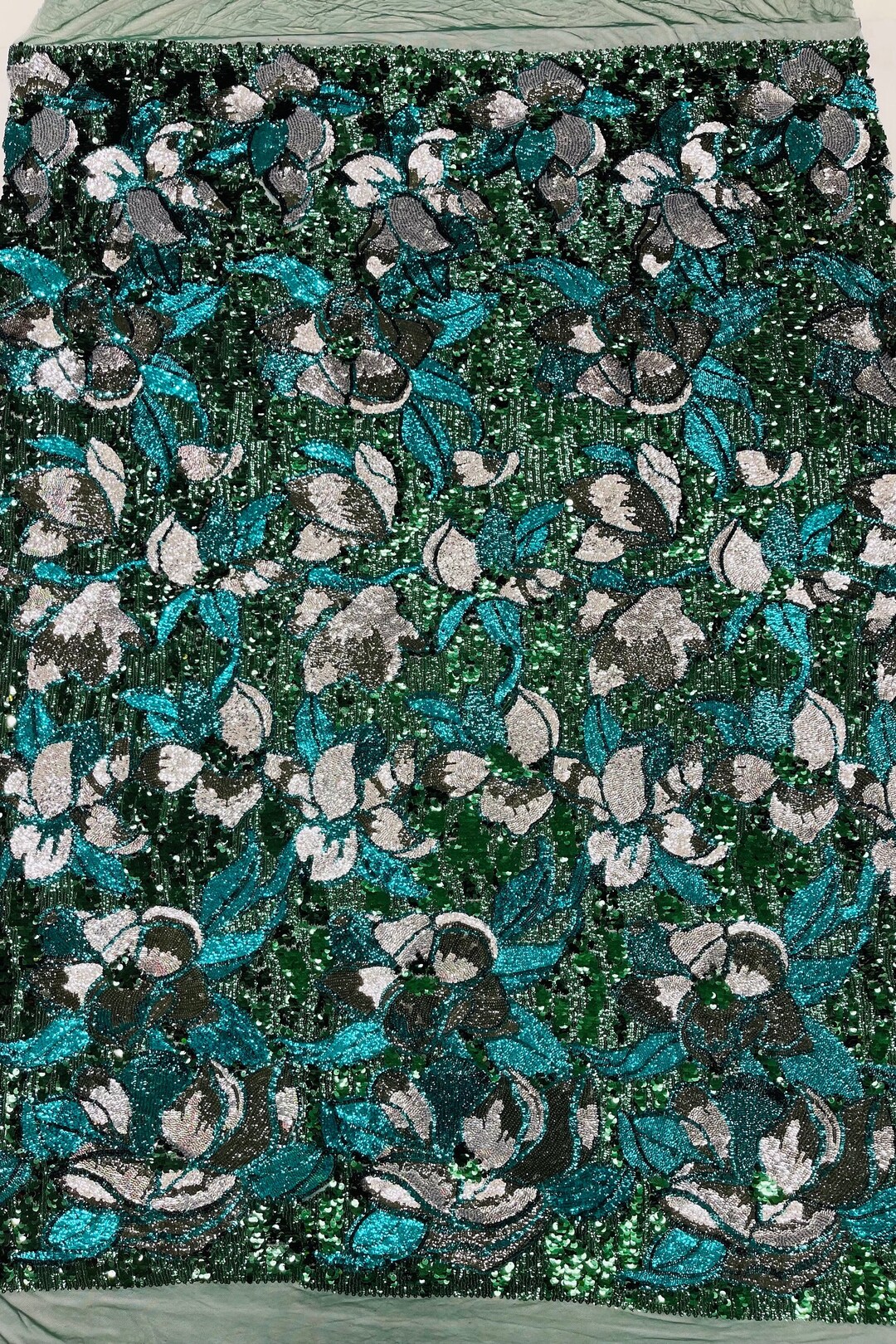 Hunter Green Sequin Fabric Orchid Flower Desing by the Yard Embroidery ...