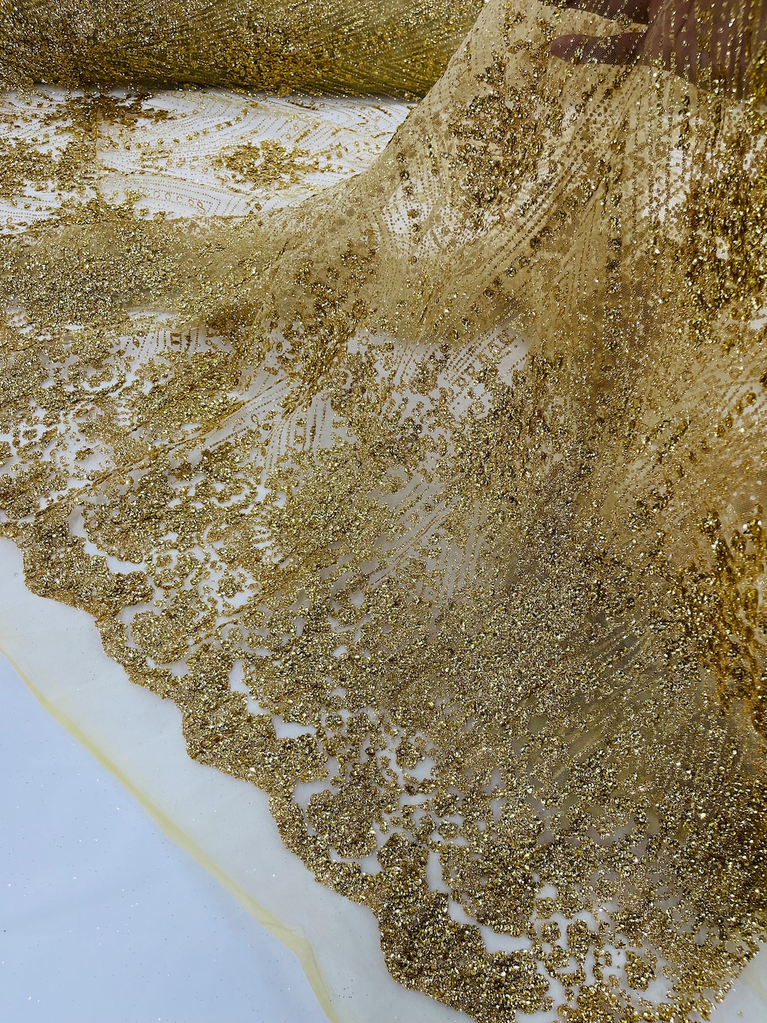 Gold Glitter on Mesh Lace Fabric by the Yard for Wedding Decor ...