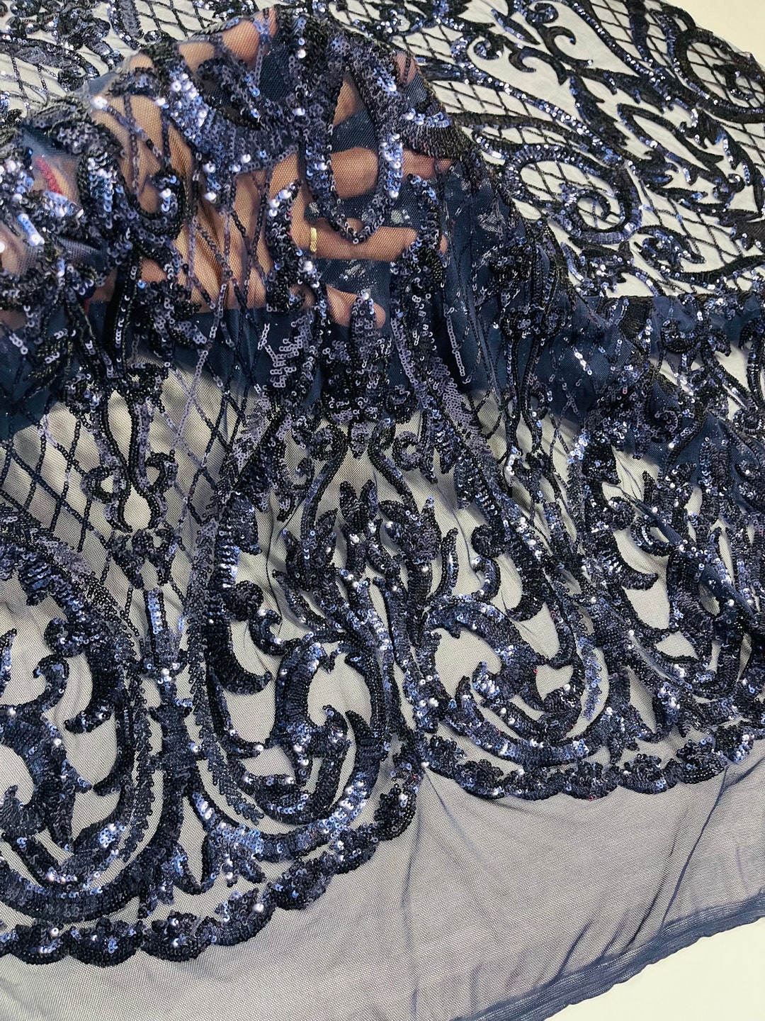 Navy Blue Sequins Fabric 4 Way Stretch on a Mesh | Embroidered Damask ...