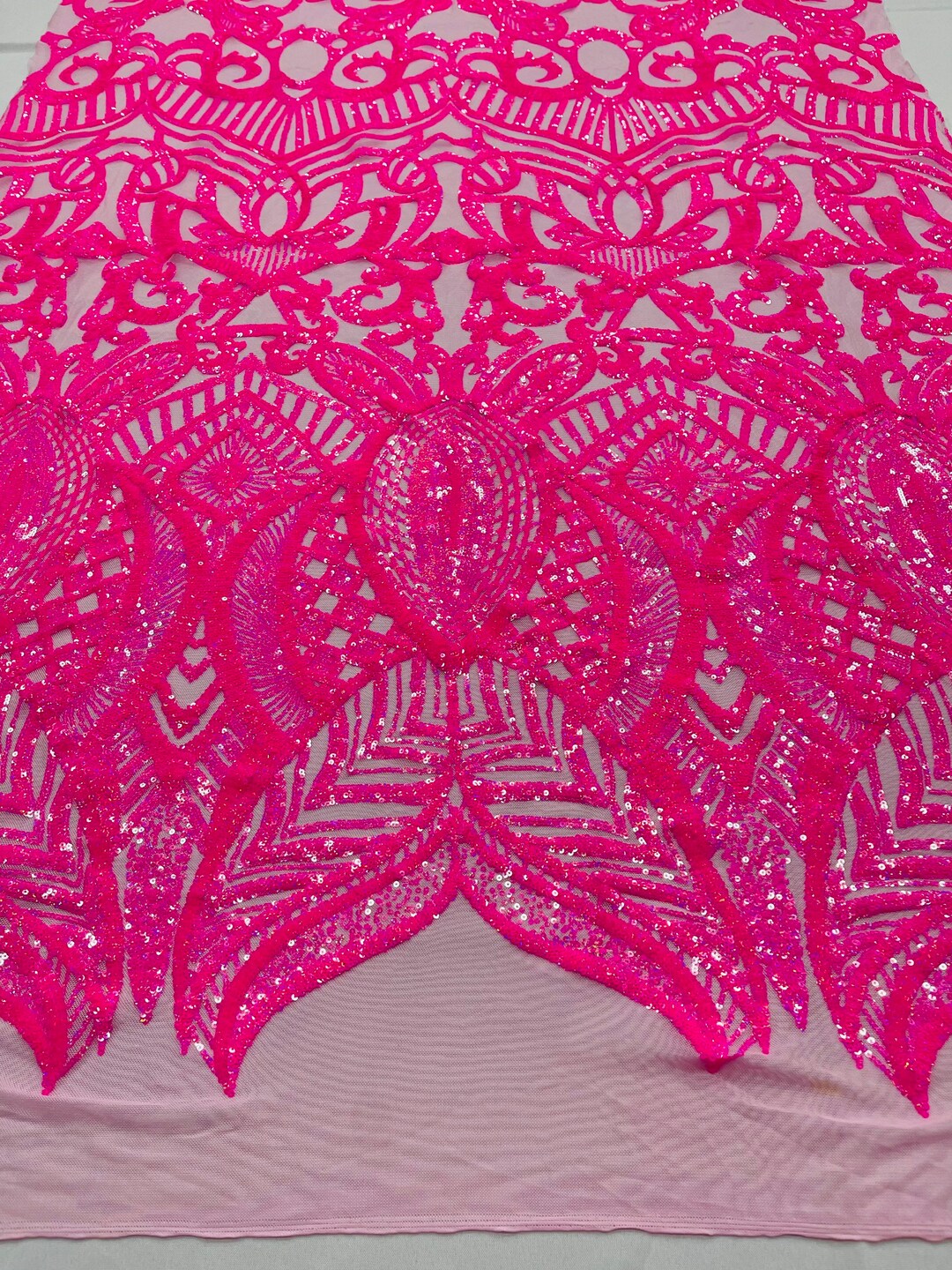 Hot Pink Holographic Sequin Fabric - by Yard - on Pink Power Mesh ...