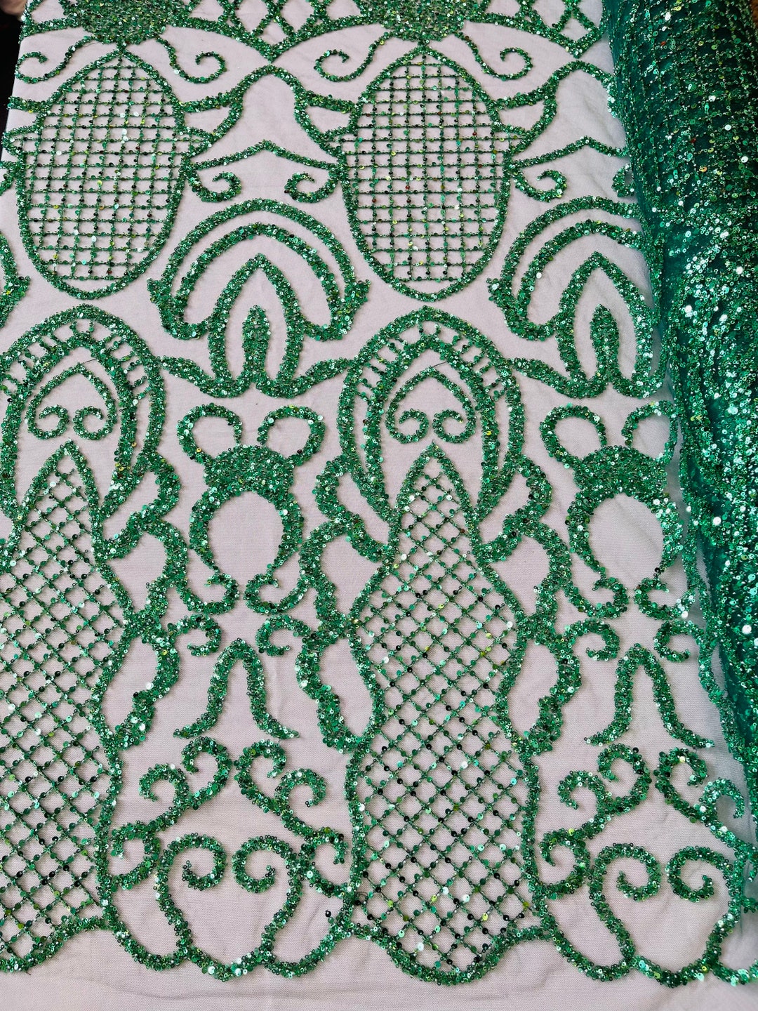 Hunter Green Beaded Damask Fabric: Bridal Wedding Appliqué Lace - Etsy