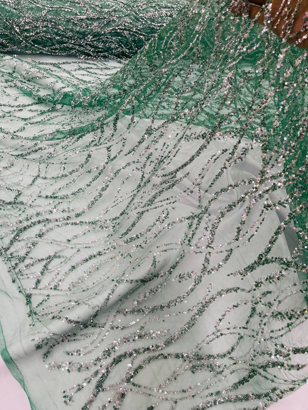 Hunter Green Wave Fashion Design Beads and Sequins Glitter Lace Mesh by ...