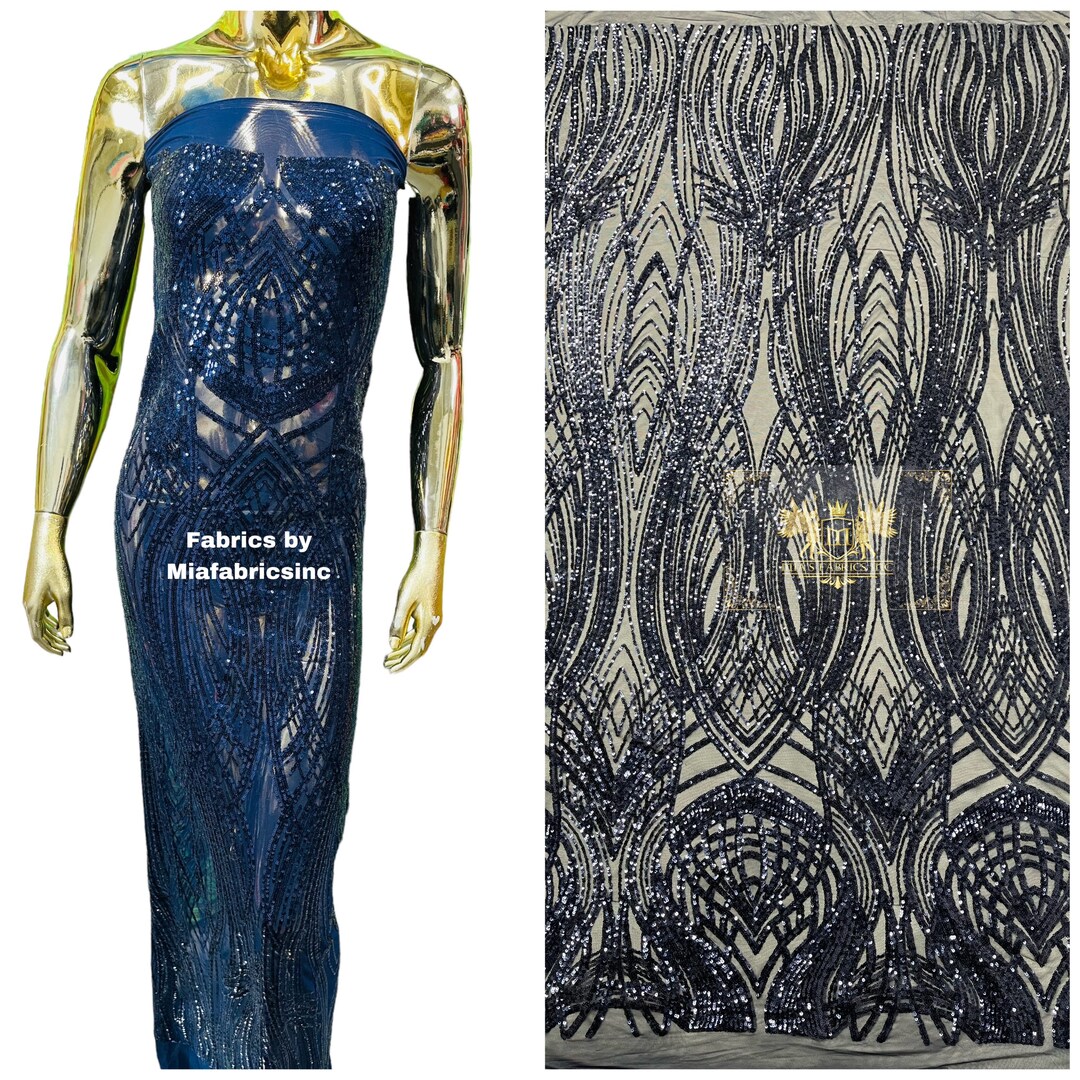 Navy Blue Sequins Fabric 4 Way Stretch Fancy Big Damask - Etsy