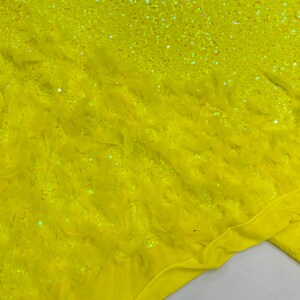 Yellow Iridescent Sequin Velvet Fabric With Feathers on Yellow Stretch ...