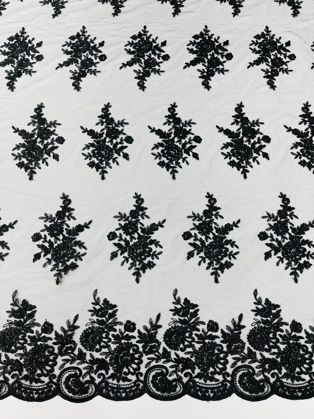 Black Lace Flower Design Embroidered on Mesh Lace Fabric, Floral Bridal ...