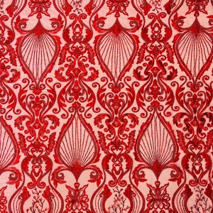 Red Beaded Fabric by the Yard, Bridal Heavy Beaded on a Mesh, Damask ...
