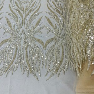 Clear Beaded Fabric by the Yard, Damask Design Embroidered With Beaded ...