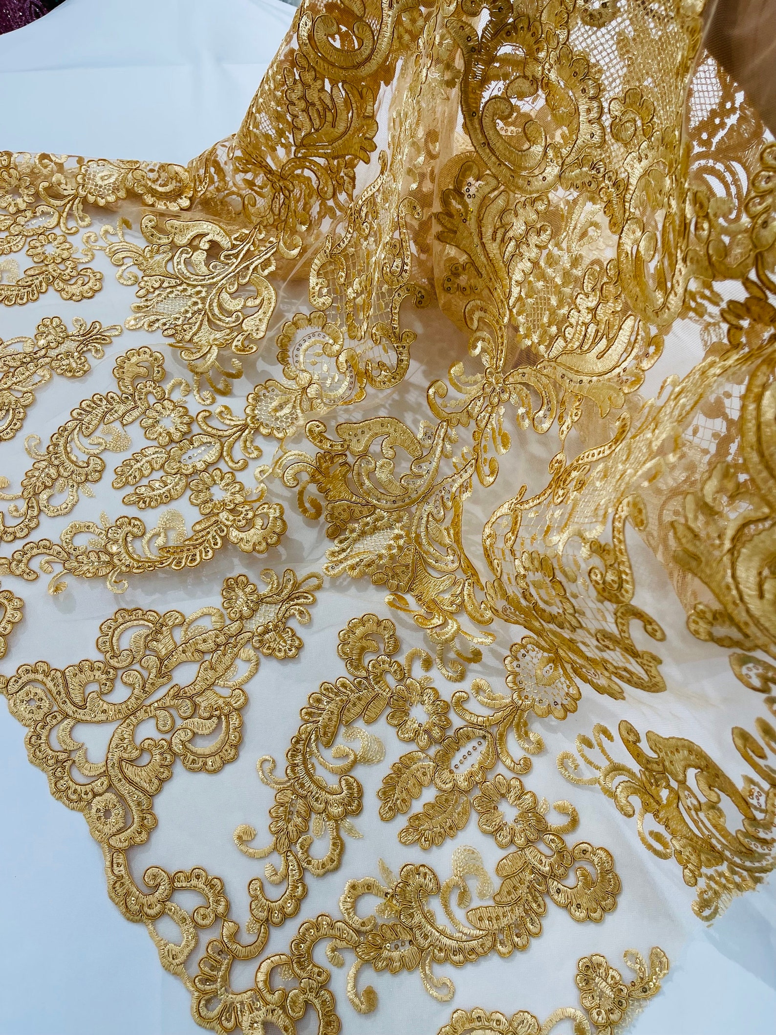 Gold Corded Lace Fabric, Floral Embroidery Sequins, Wedding Bridal Gown ...