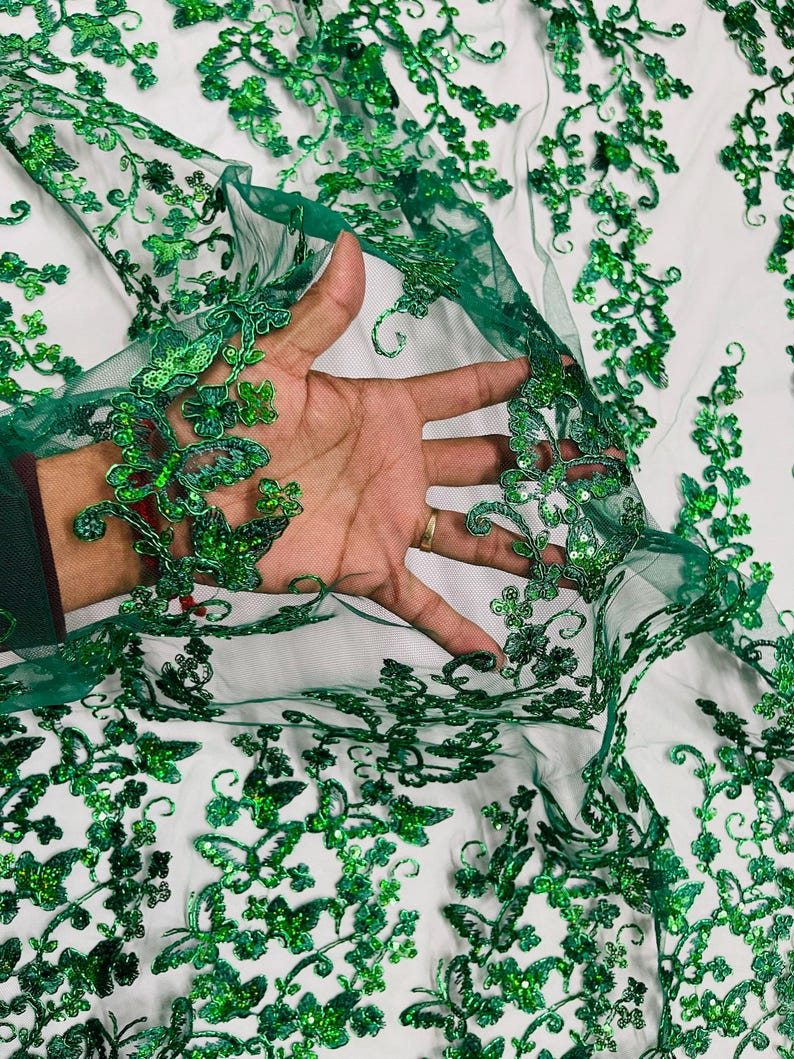 Hunter Green Hologram Sequin Butterfly Lace Fabric: Metallic Corded ...