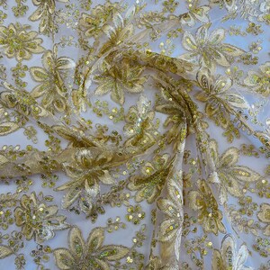 Gold Holographic With Metallic Thread Flower Design Embroidered With ...