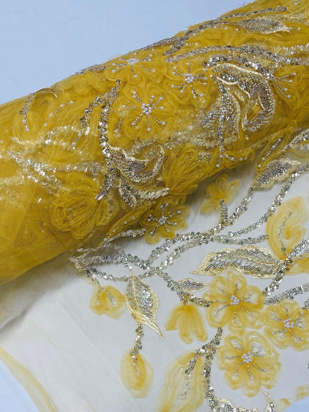 Gold Tulle Flower Fabric: Embroidered Sequined Bridal Lace - Etsy