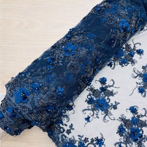 Navy Blue 3D Floral Beaded Embroidery Lace Fabric - Etsy