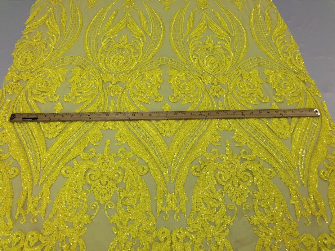 Yellow Sequin Damask Design - 4 Way Stretch Fancy Big Damask Design ...