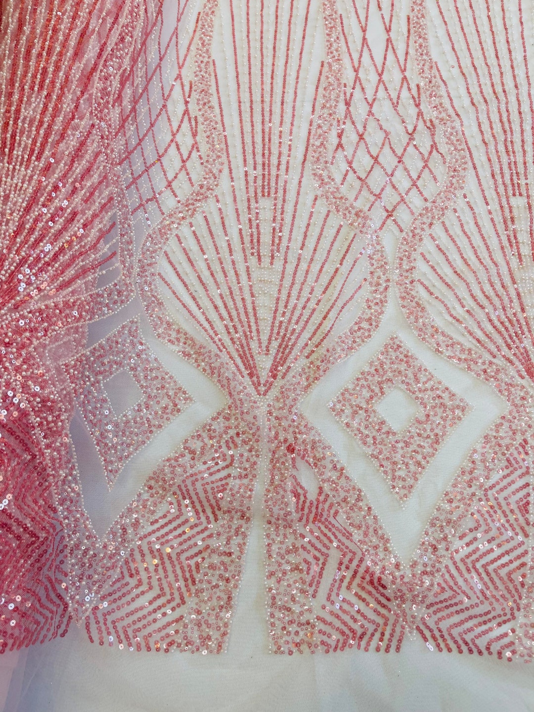 Pink Beaded Fabric by the Yard, Bridal Heavy Beaded, Damask Pattern ...