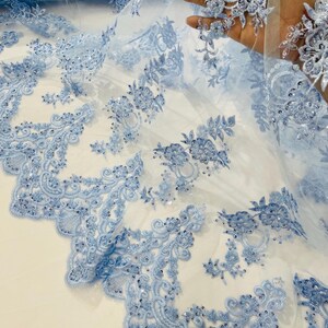 Baby Blue Embroidery Beaded Fabric With Sequin on a Mesh, Baby Blue ...