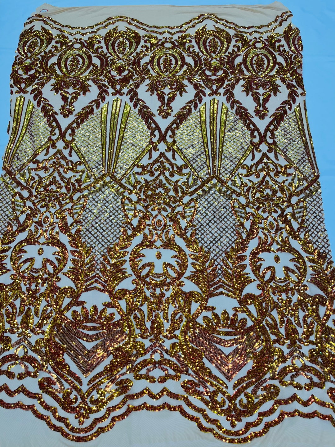 Orange Iridescent Sequins - Damask Pattern 4-way Stretch Sequins Ava ...