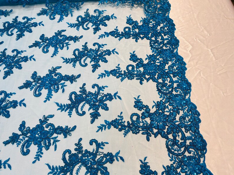 Turquoise Lace Fabric Corded Flower Embroidery With Sequins - Etsy