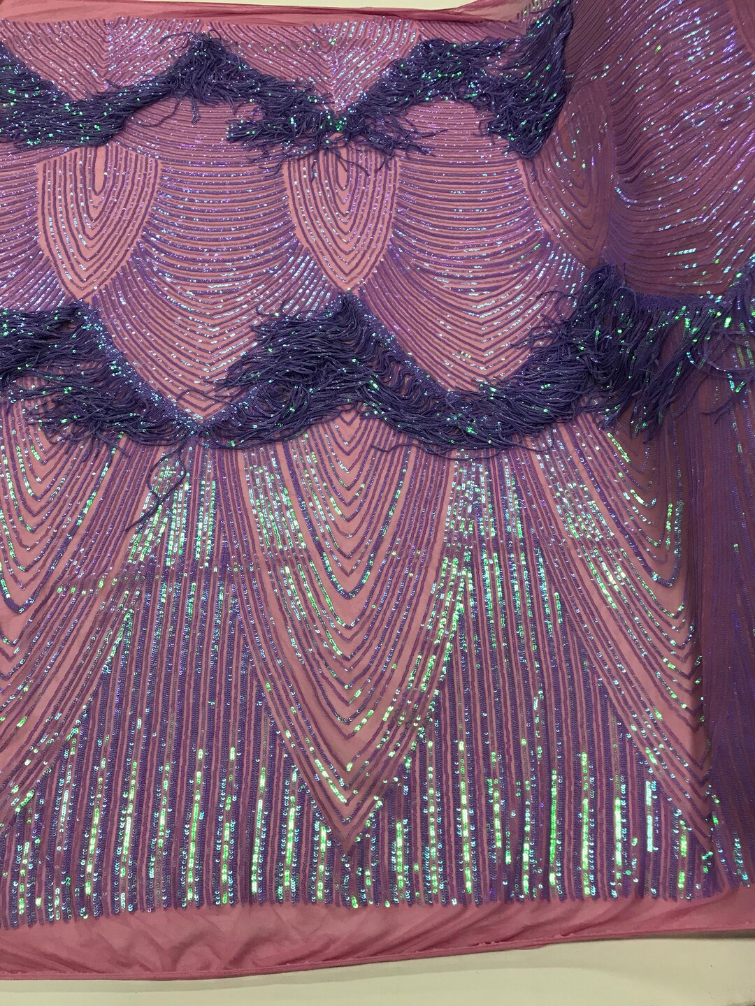 Iridescent Lilac Fringe Sequins on Mauve Mesh, Fringe Design ...
