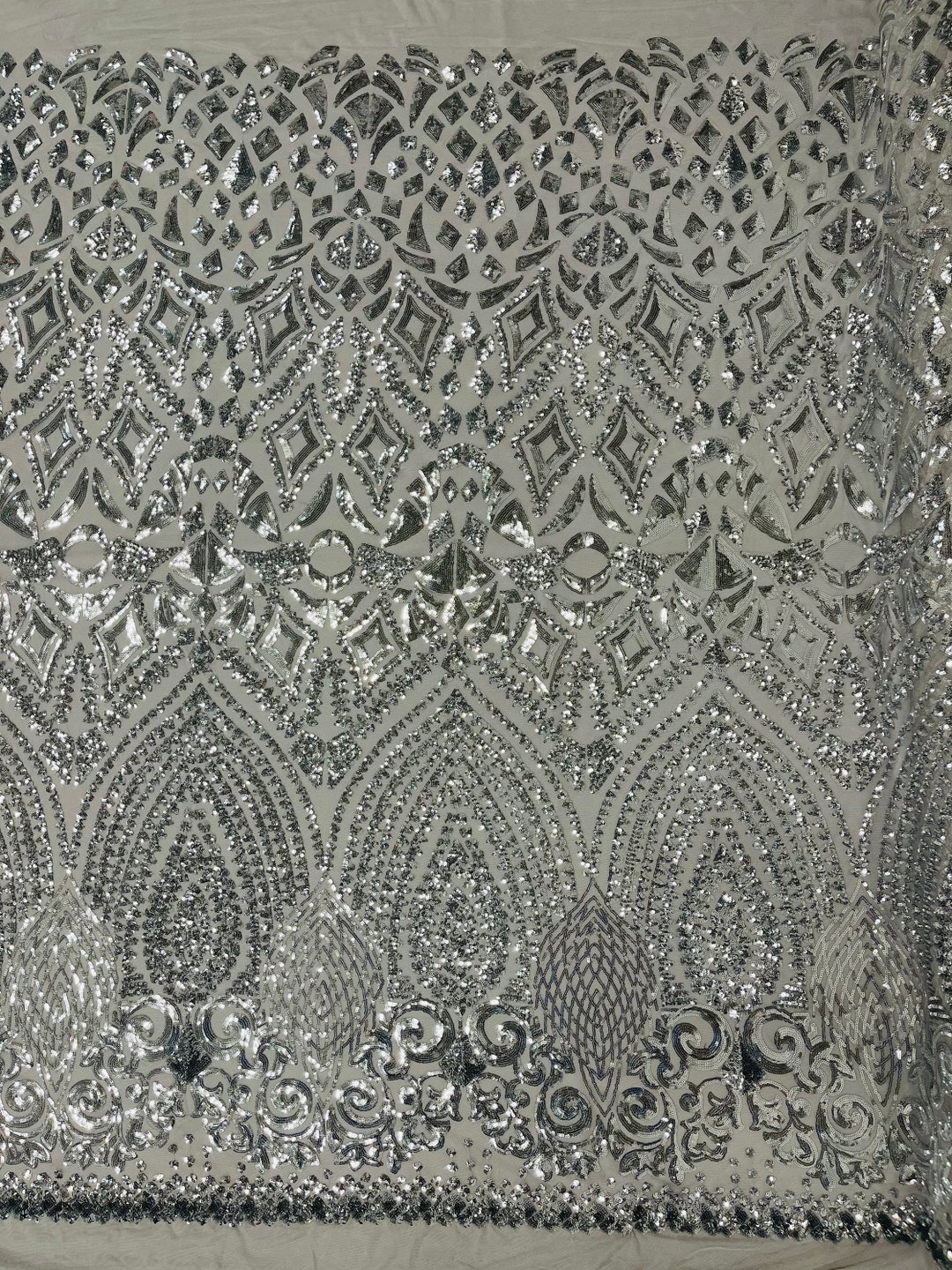 Silver Sequin Fabric on Silver Mesh 4 Way Stretch - Geometric Design ...
