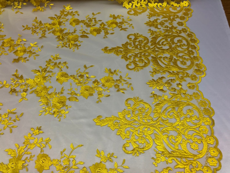 Yellow Damask Design Embroidered on Mesh Lace Fabric Floral | Etsy