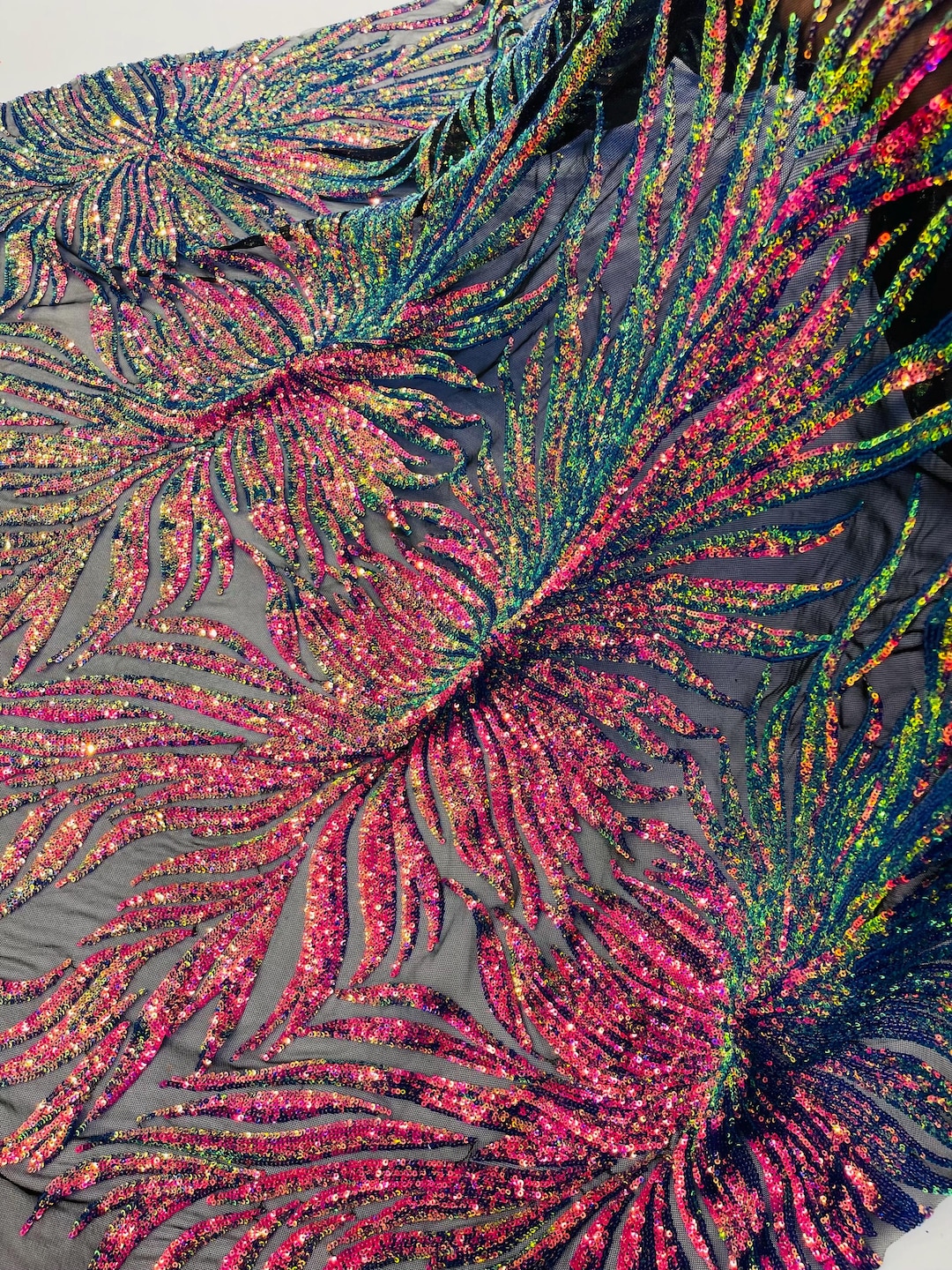 Rainbow Iridescent Phoenix Wing Sequin Fabric, Black Mesh, 4 Way ...