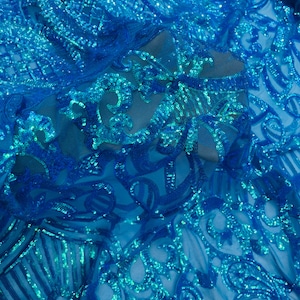 Iridescent Turquoise Sequin Fabric: Royalty Embroidered Mesh, Prom Gown ...