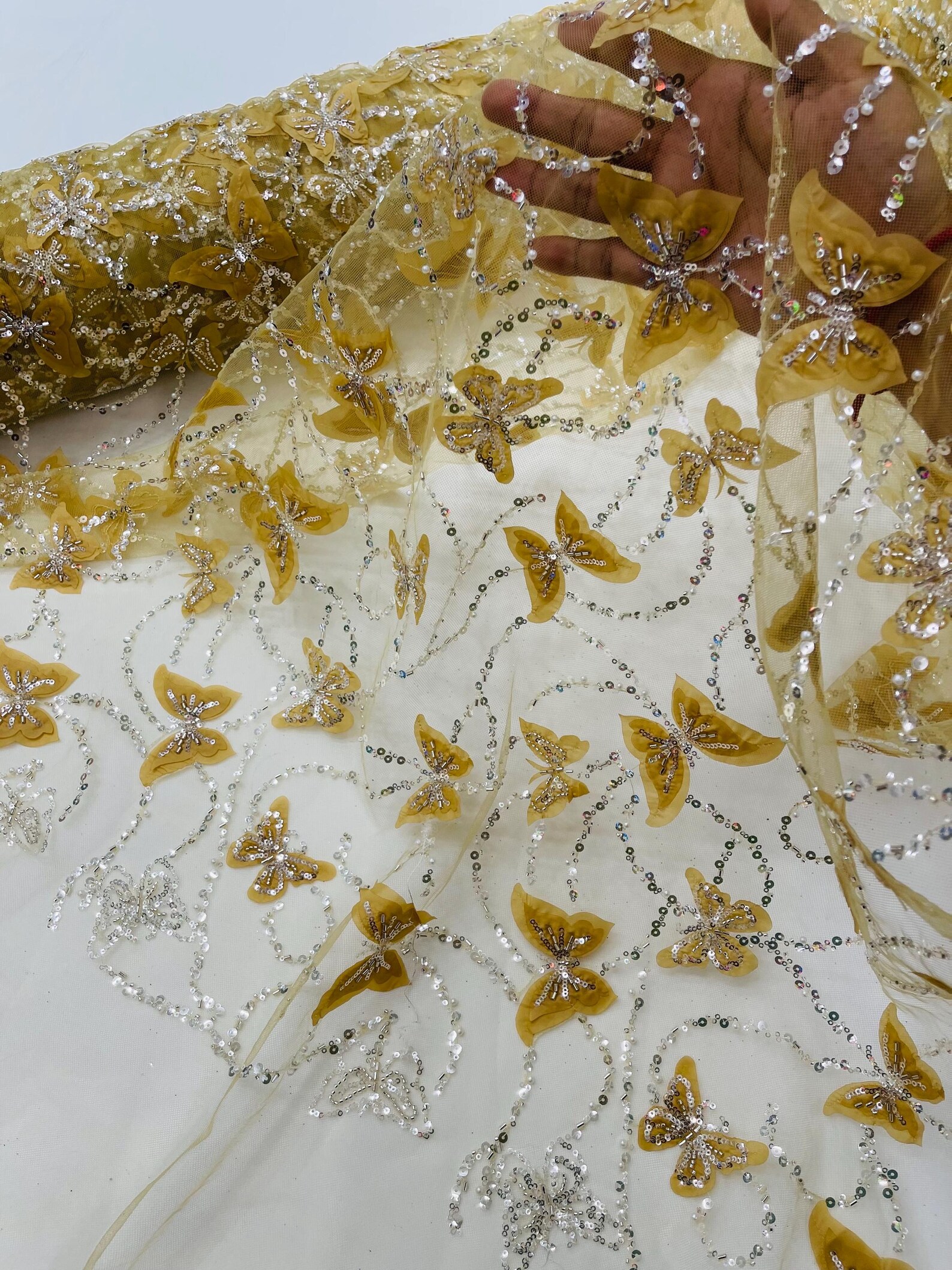 Butterfly Embroidered Sequin Fabric, Beaded Mesh, Bridal/prom by the ...