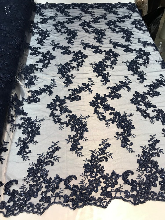 Navy Floral Lace Fabric Embroidery With Sequins on a Mesh | Etsy
