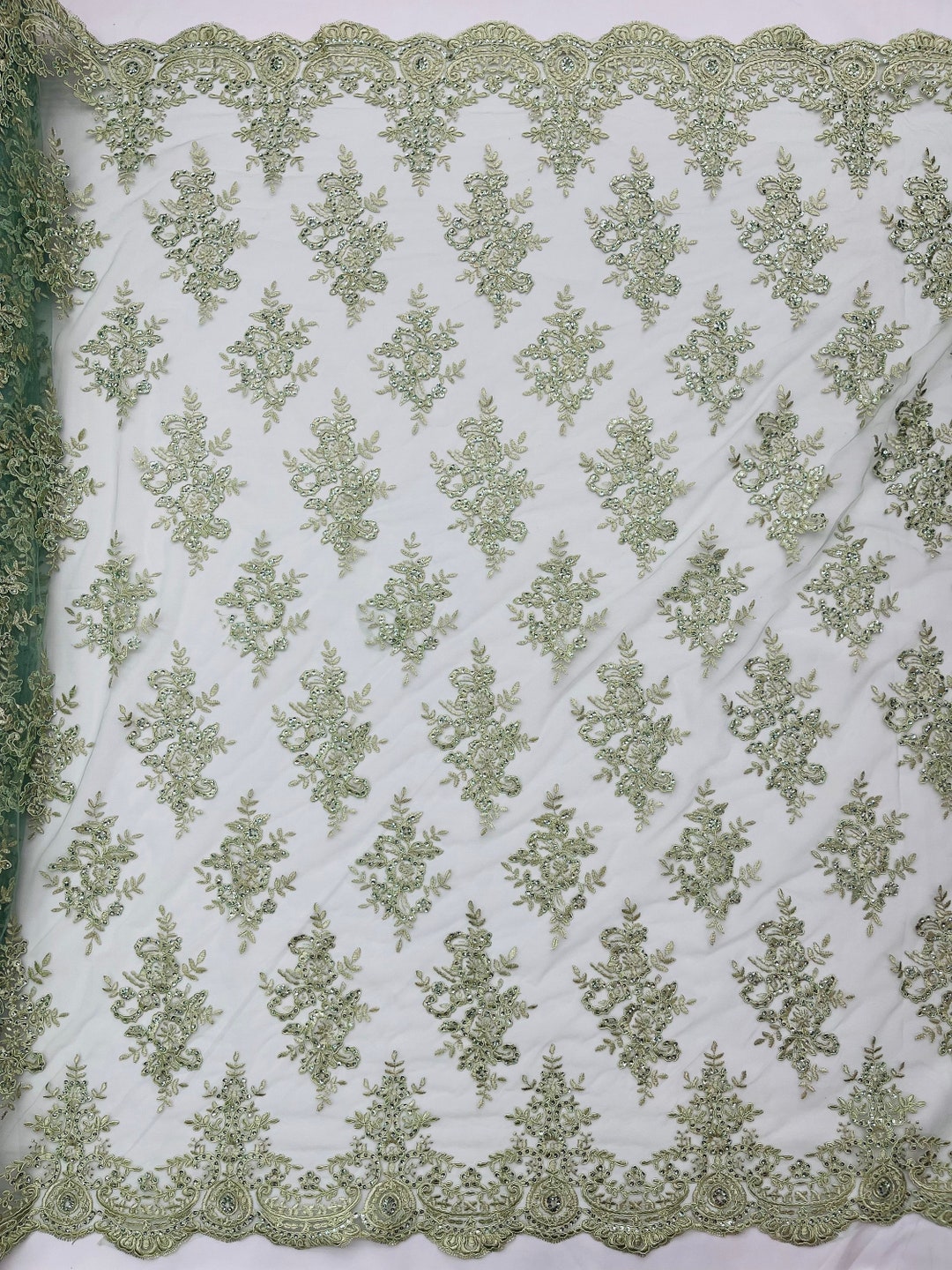 Sage Lace Fabric Embroidery Corded Lace With Sequins, Flower Lace ...