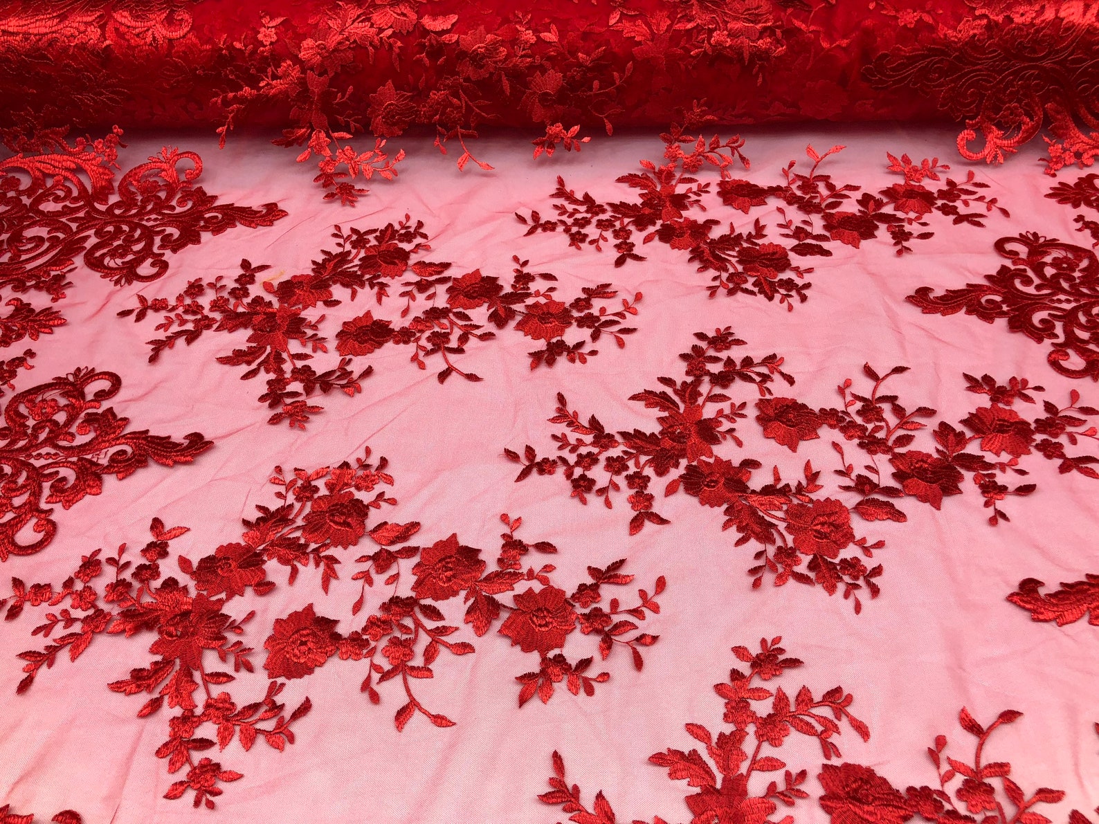 Red Damask Design Embroidered on Mesh Lace Fabric Floral - Etsy