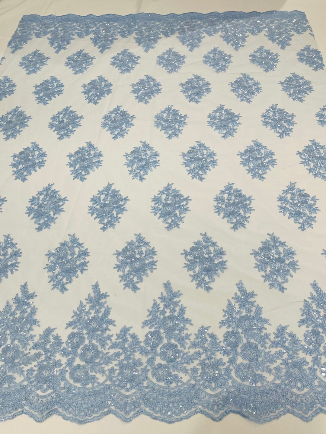 Baby Blue Lace Fabric - by Yard - Corded Flower Embroidery With Sequins ...