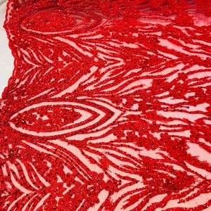 Beaded Fabric - Red - Embroidered Flower Line Mesh Lace Fabric With ...