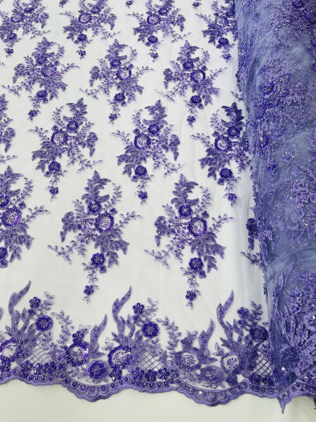 Lavender Flower Beaded Lace Fabric: Embroidered Floral Border - Etsy