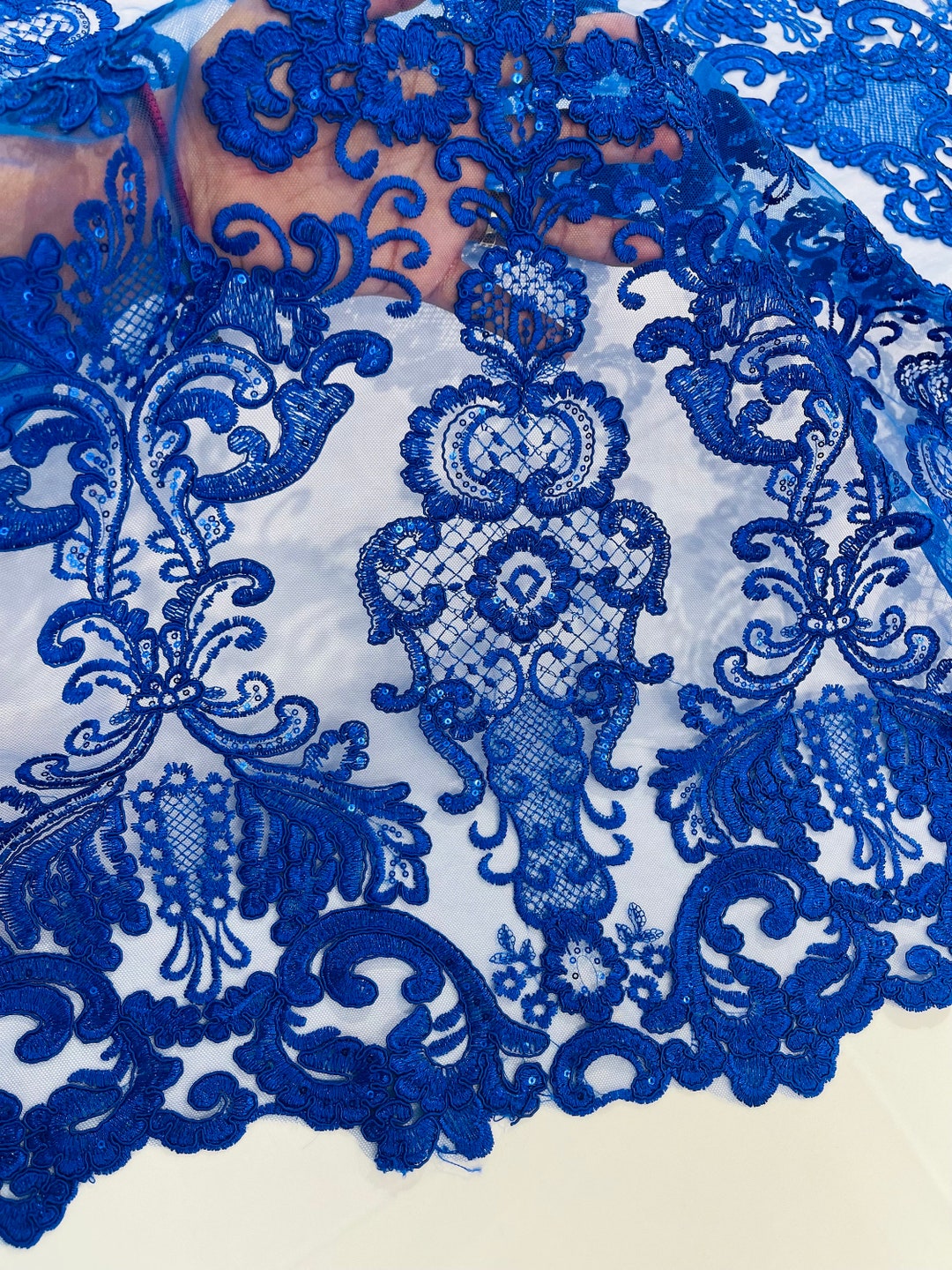 Royal Blue King Lace Fabric, Corded Flower Embroidery With Sequins on a ...
