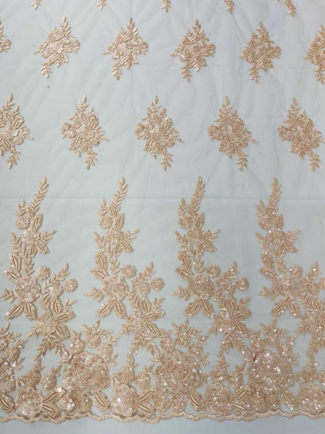 Peach Floral Beaded Lace Fabric – Embroidered Wedding Bridal Mesh, Sold ...