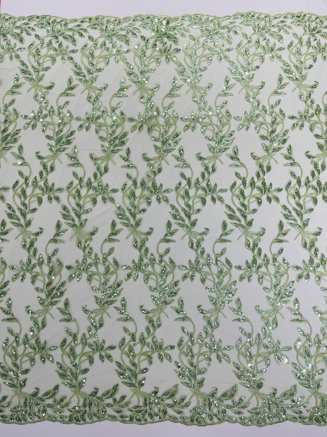 Sage Metallic Thread Leaf Design Embroidered With Sequins on a Mesh ...
