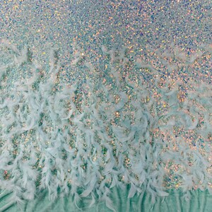 Clear Iridescent Sequin Velvet Fabric With Feathers on Mint Stretch ...