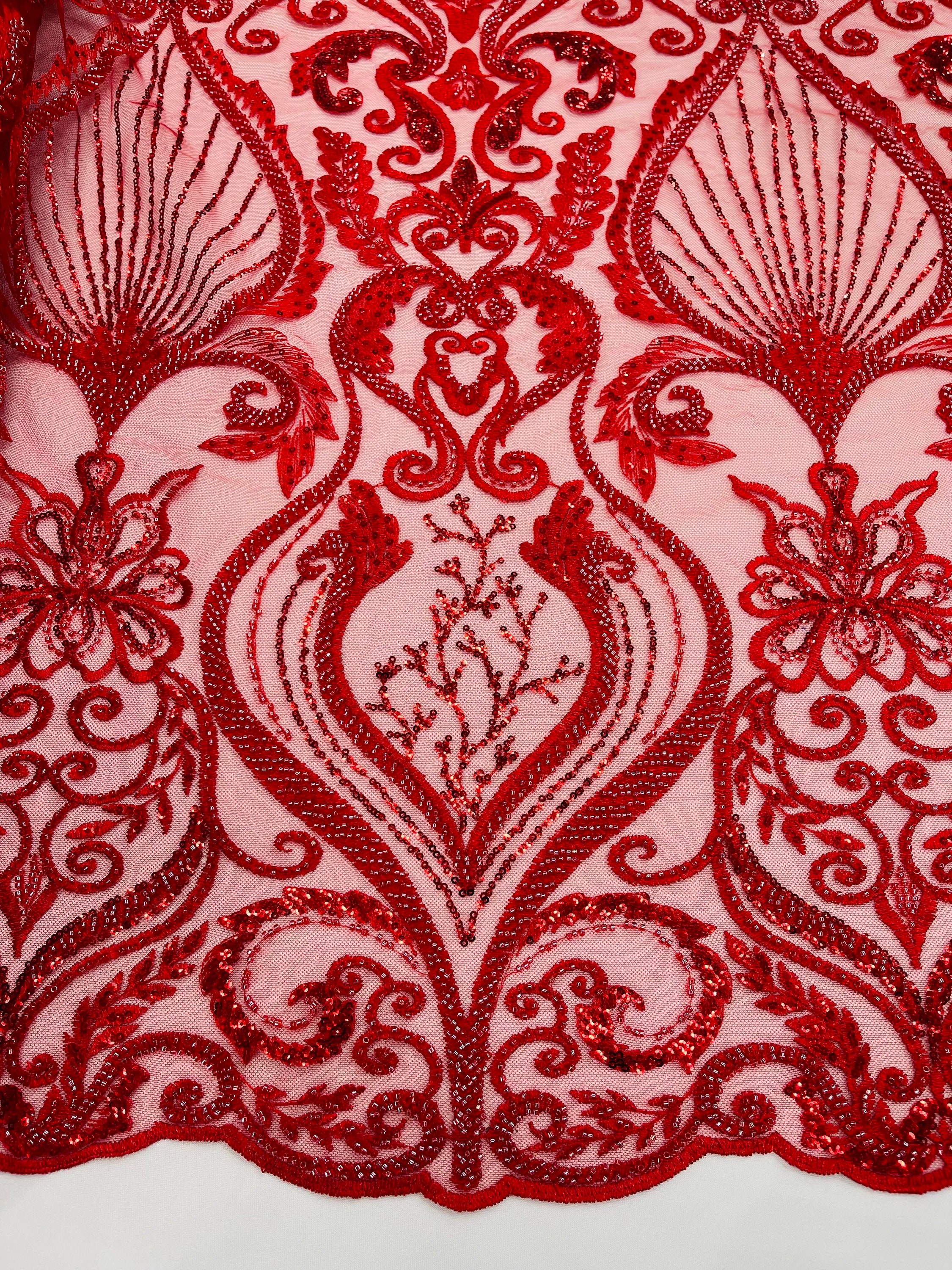 Red Beaded Fabric by the Yard, Bridal Heavy Beaded on a Mesh, Damask ...