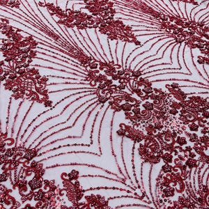 Burgundy Beaded Fabric by the Yard, Luxury Geometric Design Beads and ...